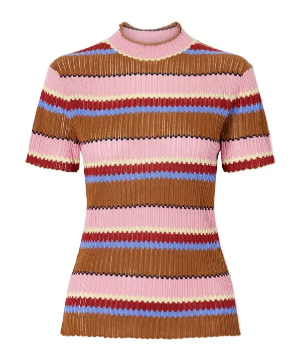 Guest In Residence Striped Ribbed Silk And Linen-blend Top