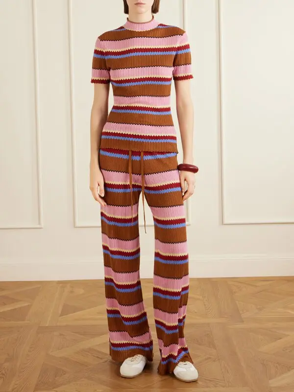 Guest In Residence Striped Ribbed Silk And Linen-blend Top