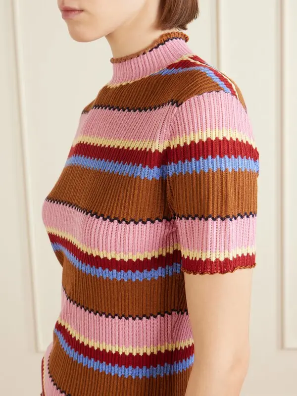 Guest In Residence Striped Ribbed Silk And Linen-blend Top