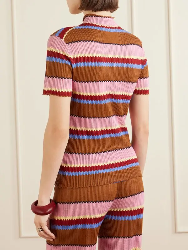 Guest In Residence Striped Ribbed Silk And Linen-blend Top