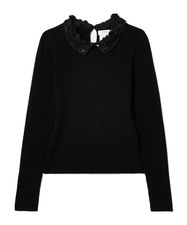 Carolina Herrera Convertible Embellished Crochet-trimmed Ribbed Wool Sweater