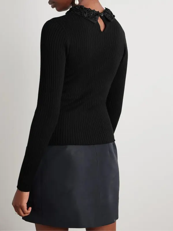Carolina Herrera Convertible Embellished Crochet-trimmed Ribbed Wool Sweater