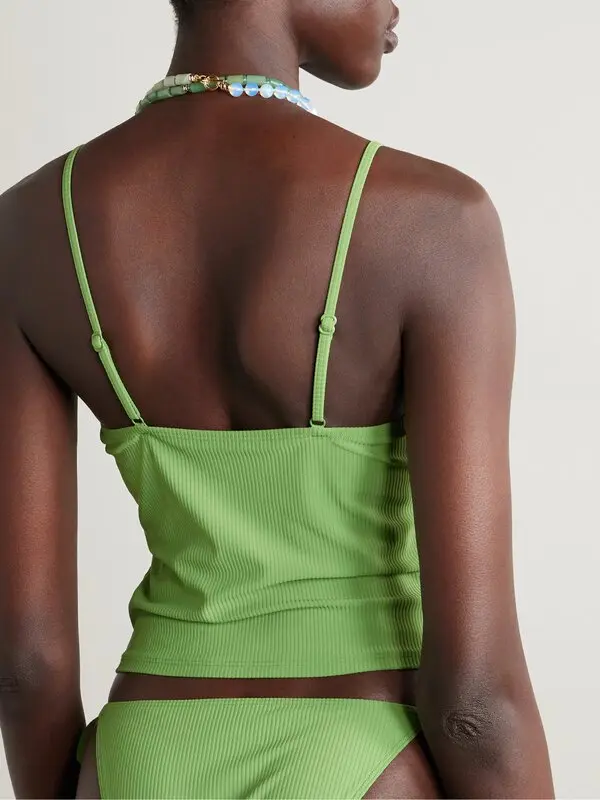 Staud Cleo Bead-embellished Ribbed Bikini Top
