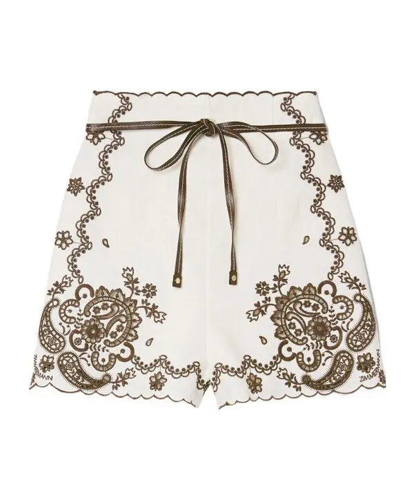 Zimmermann Ascension Leather-trimmed Broderie Anglaise Linen Shorts - No