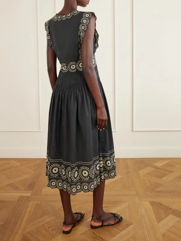 Sea Scalloped Embroidered Cotton-voile Midi Dress