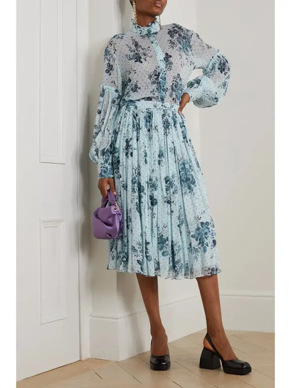 Erdem Pleated Printed Crepon Midi Skirt