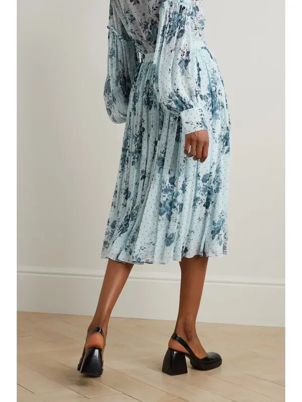 Erdem Pleated Printed Crepon Midi Skirt