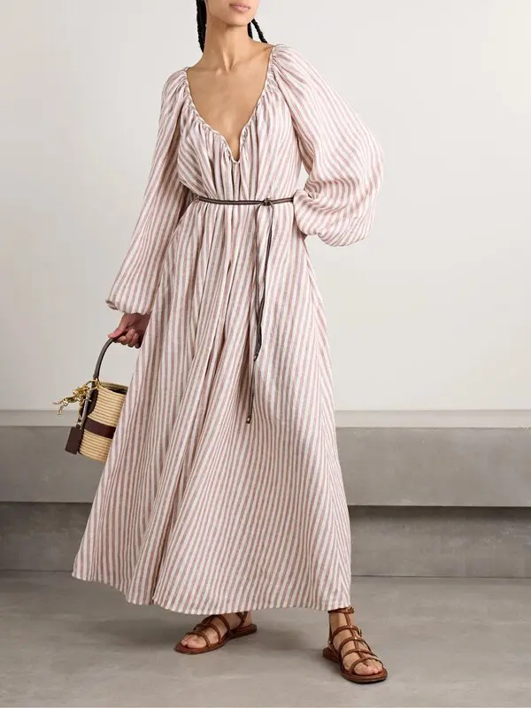 Zimmermann Cascadian Oversized Belted Striped Linen Maxi Dress - No