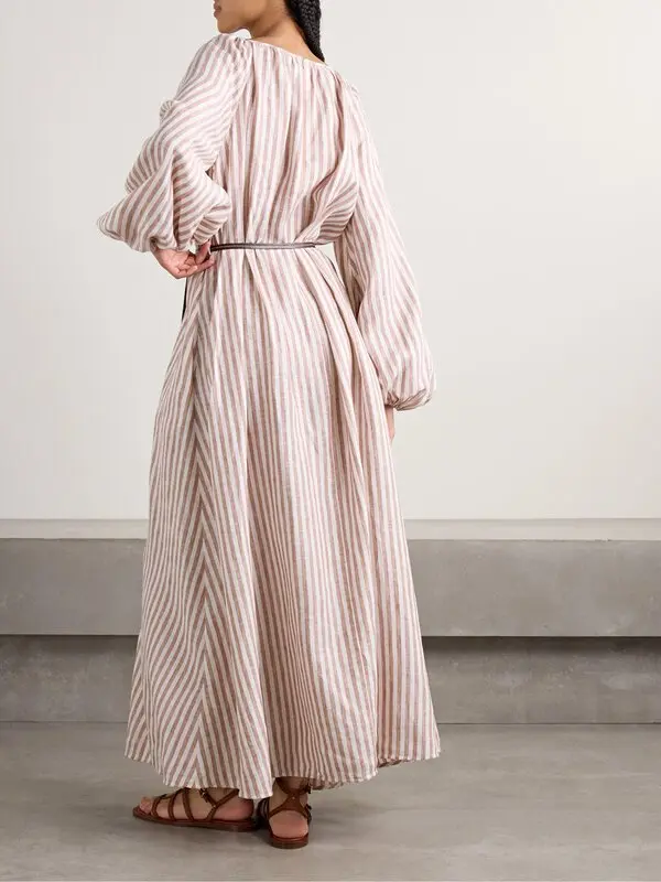Zimmermann Cascadian Oversized Belted Striped Linen Maxi Dress - No
