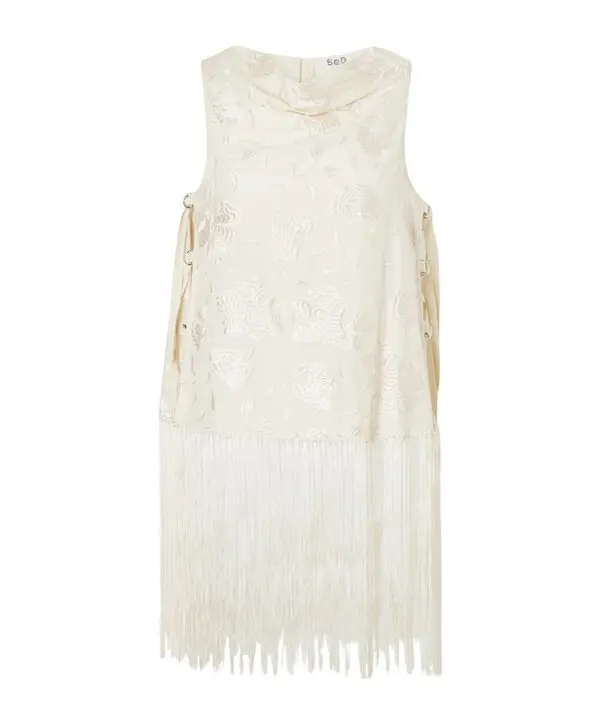 Sea Floral-embroidered Fringed Crepe Vest