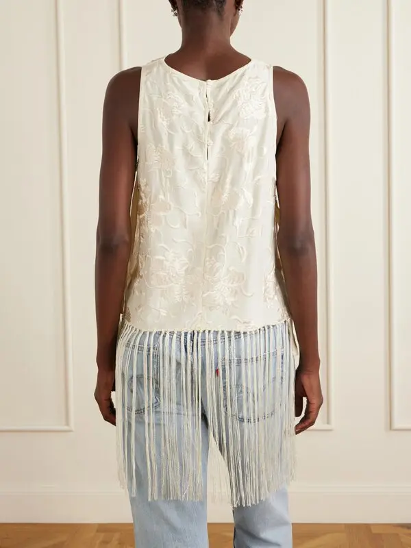 Sea Floral-embroidered Fringed Crepe Vest