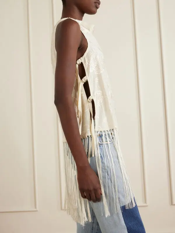 Sea Floral-embroidered Fringed Crepe Vest