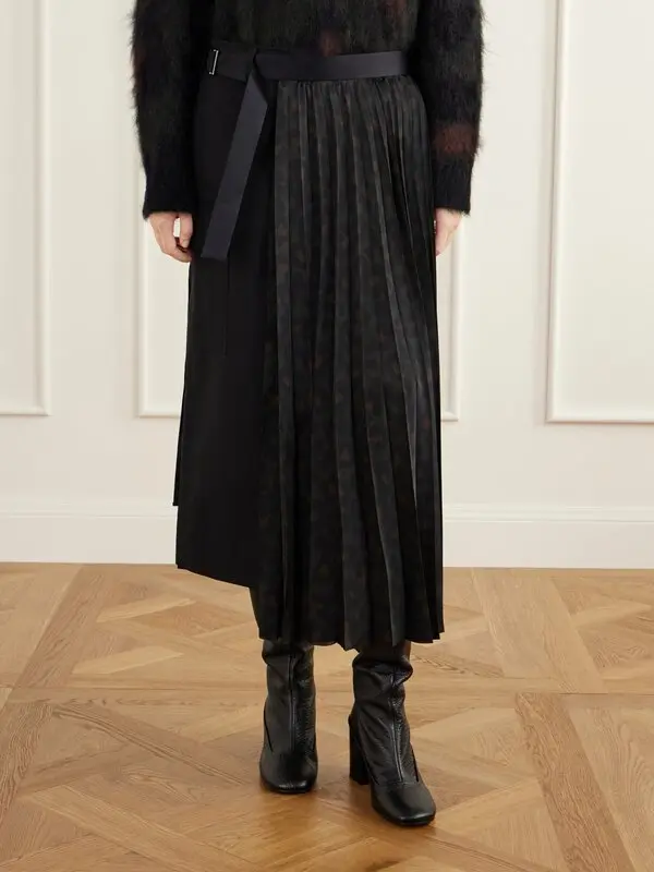 Sacai Print Jersey And Satin Midi Skirt