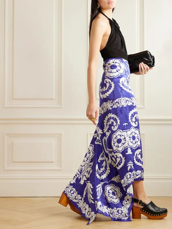 Etro Asymmetric Printed Satin Maxi Skirt