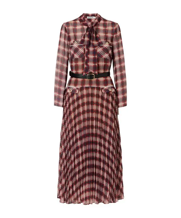 SELF-PORTRAIT Belted Checked Chiffon Midi Dress