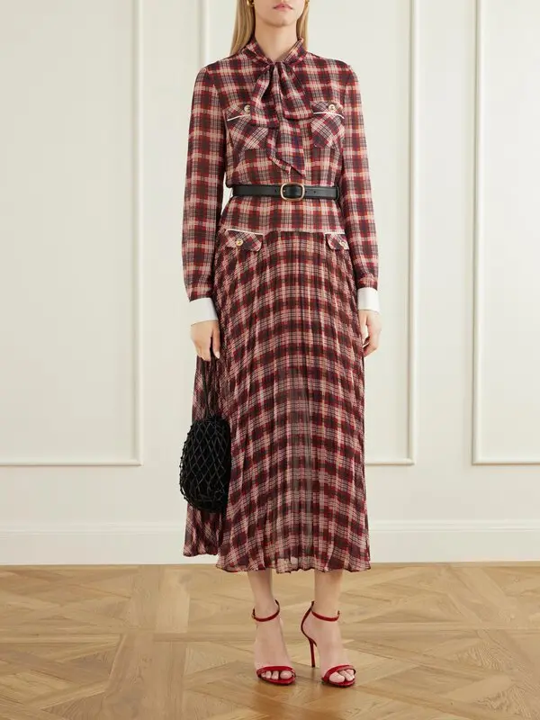 SELF-PORTRAIT Belted Checked Chiffon Midi Dress