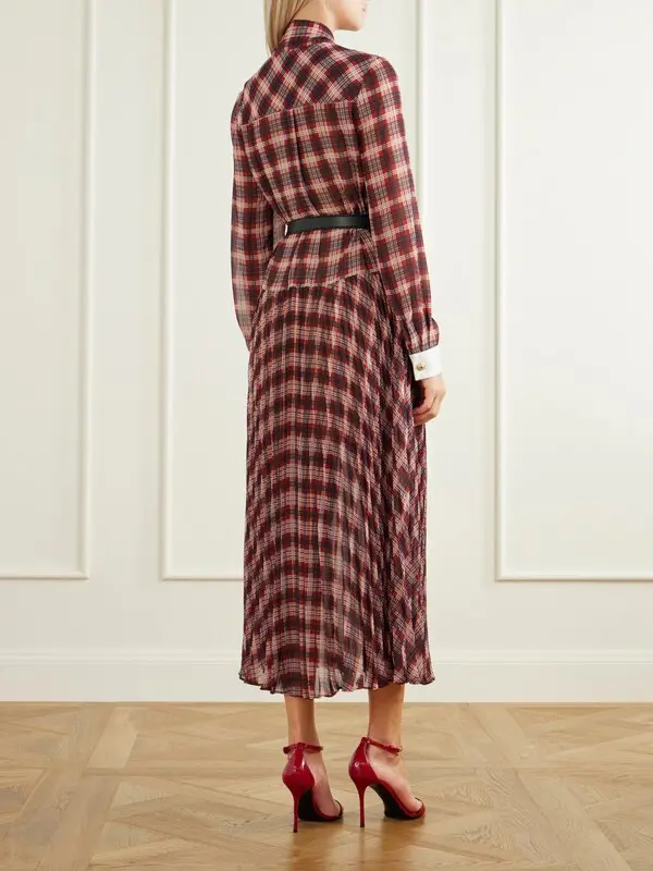 SELF-PORTRAIT Belted Checked Chiffon Midi Dress