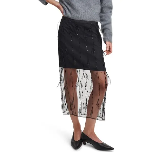 Rag & Bone Geena Sequin And Ostrich Feather Midi Skirt - Black