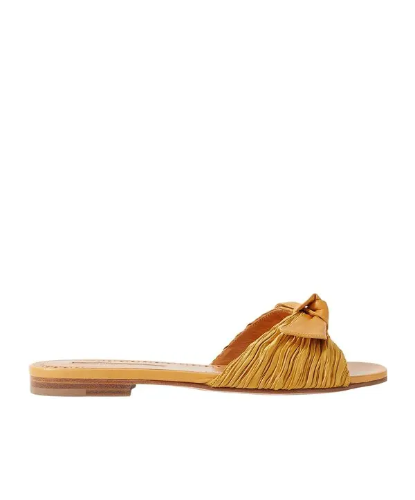 Manolo Blahnik Notamu Bow-detailed Plissé-satin And Leather Slides
