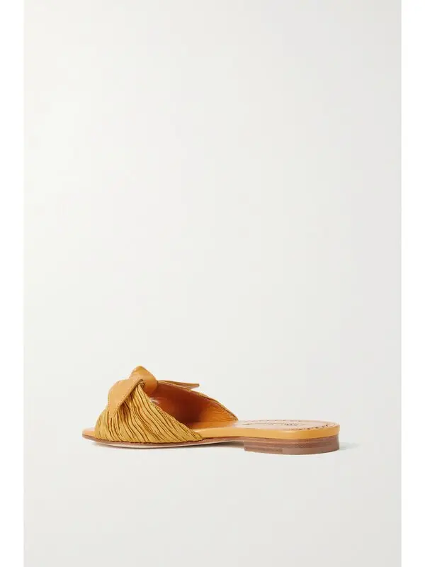 Manolo Blahnik Notamu Bow-detailed Plissé-satin And Leather Slides