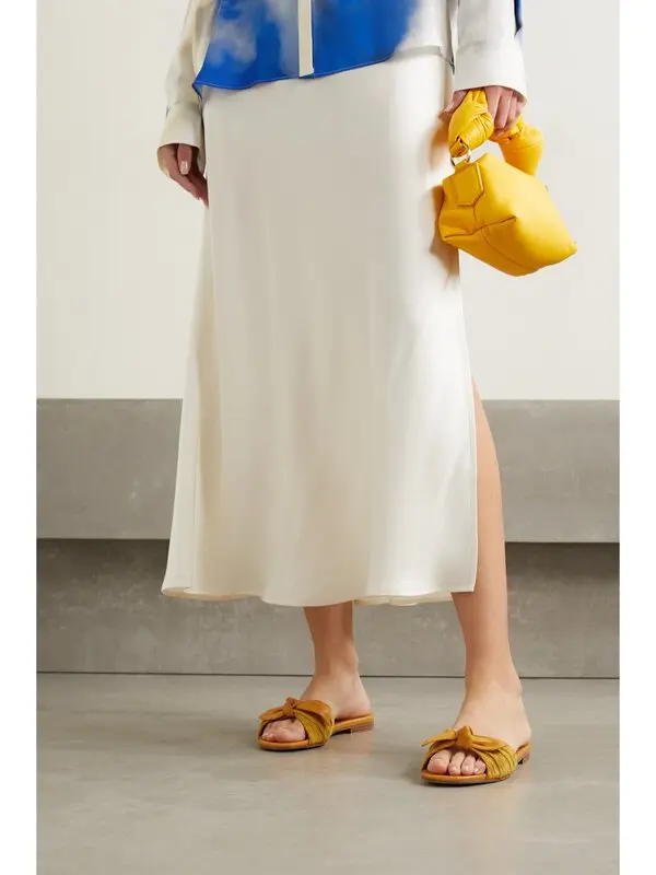 Manolo Blahnik Notamu Bow-detailed Plissé-satin And Leather Slides