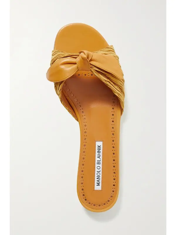 Manolo Blahnik Notamu Bow-detailed Plissé-satin And Leather Slides