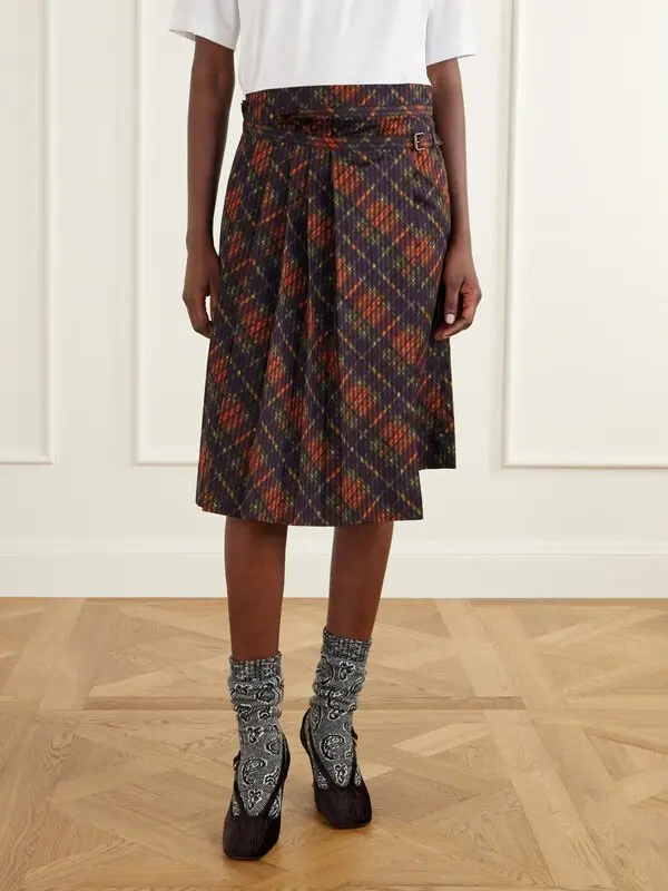 Dries Van Noten Checked Pleated Cotton Midi Skirt