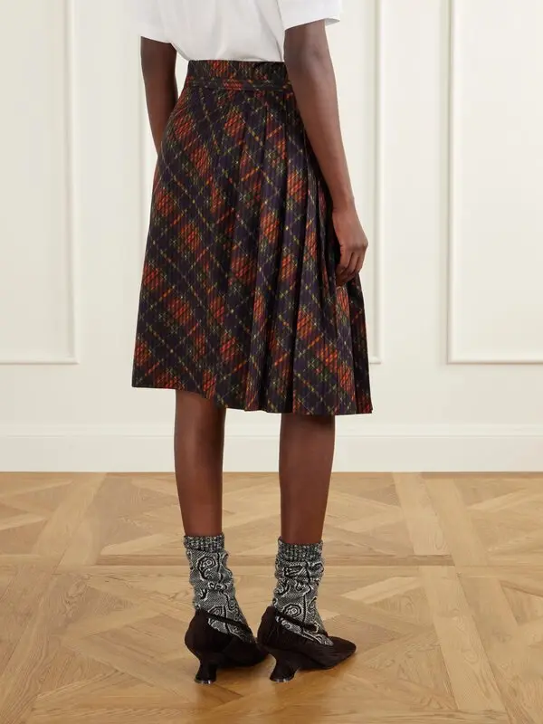 Dries Van Noten Checked Pleated Cotton Midi Skirt