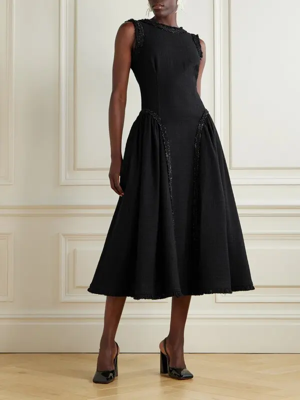 SELF-PORTRAIT Open-back Metallic-trimmed Bouclé-tweed Midi Dress
