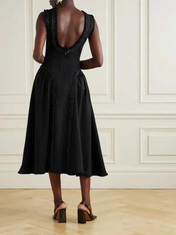 SELF-PORTRAIT Open-back Metallic-trimmed Bouclé-tweed Midi Dress