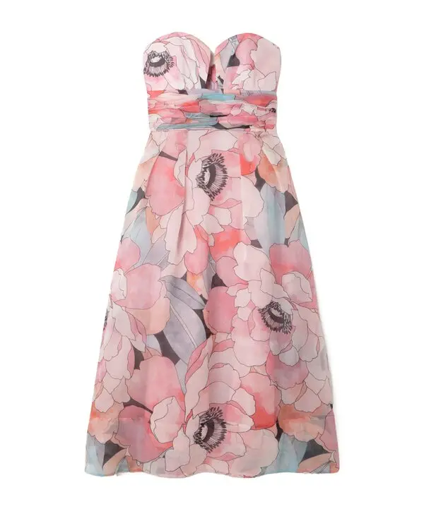 Rebecca Vallance Strapless Gathered Floral-print Silk-organza Midi Dress - Nude