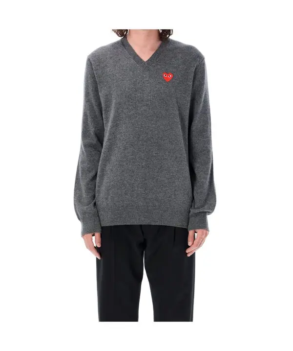 Play Comme Des Garcon Comme Des Garçons Play Heart Embroidered V-neck Jumper - Grey