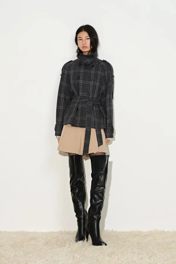 Fabrique Ainsley Plaid Belted Stand Collar Jacket In Wool Blend