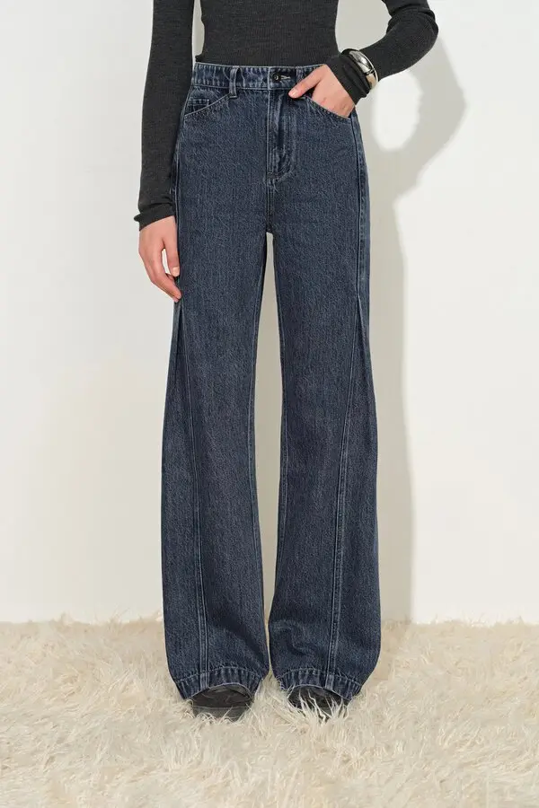 Fabrique Avery Pleated Deconstructed Straight Leg Jeans In Cotton Denim