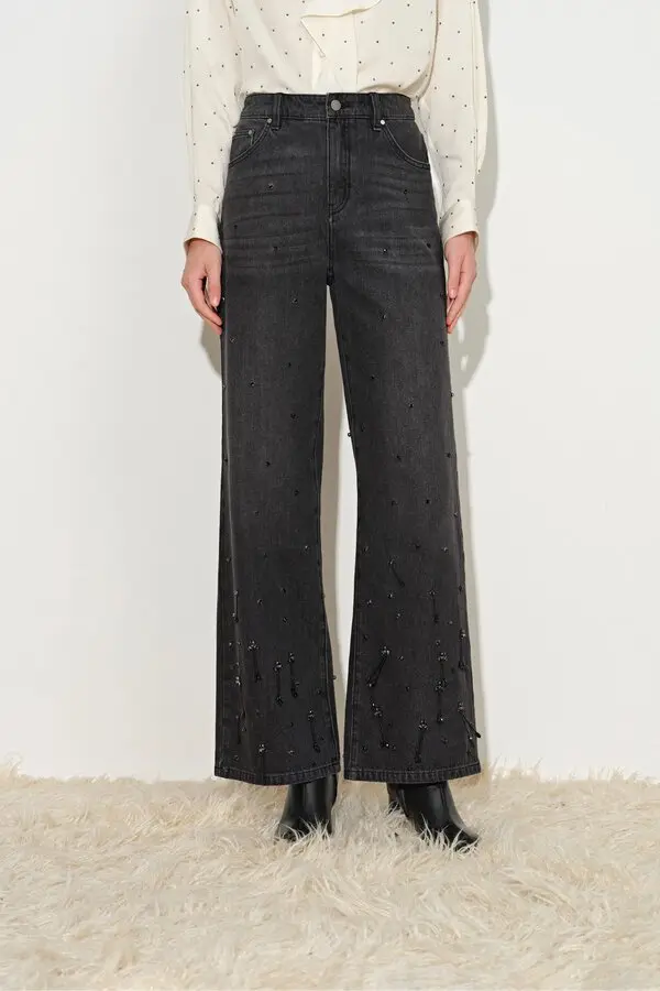 Fabrique Nia Hand Studded Fringed Straight Leg Jeans