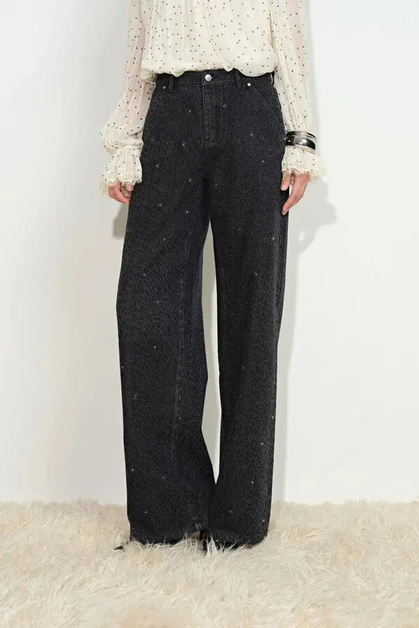 Fabrique Zoe Crystal Embellished Leopard Print Jeans In Cotton Denim