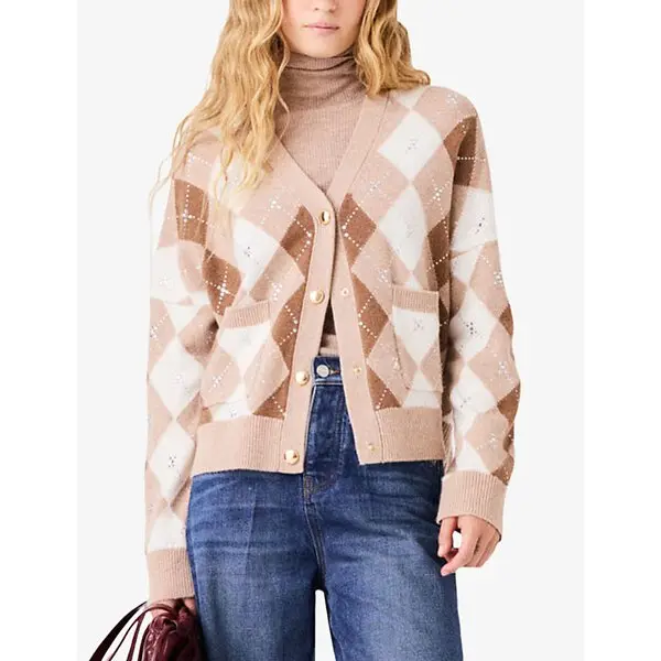 Maje Argyle Rhinestone-embellished Wool Cardigan