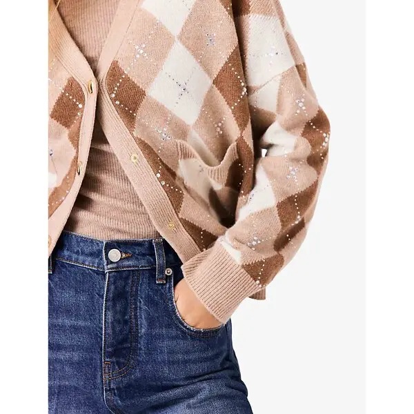Maje Argyle Rhinestone-embellished Wool Cardigan