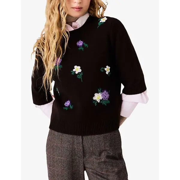 Maje Floral-embroidered Short-sleeve Wool-blend Jumper