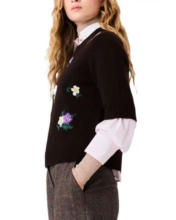 Maje Floral Embroidered Wool Blend Sweater