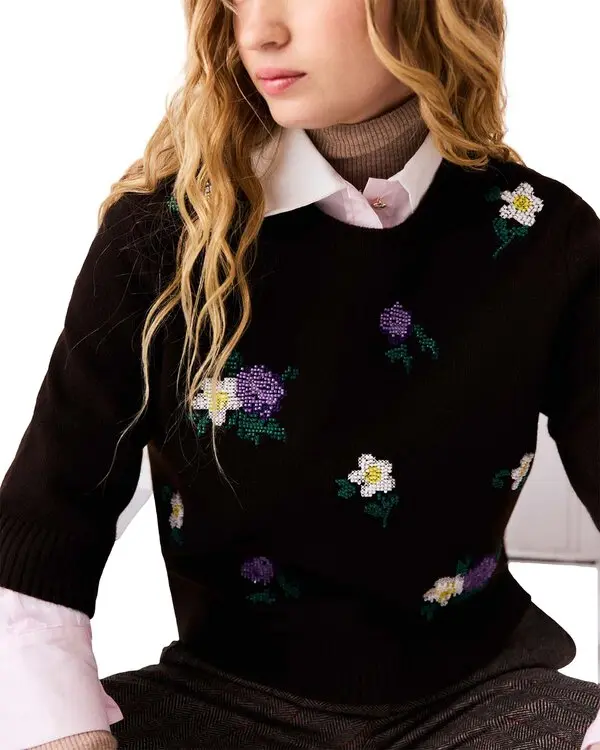 Maje Floral Embroidered Wool Blend Sweater