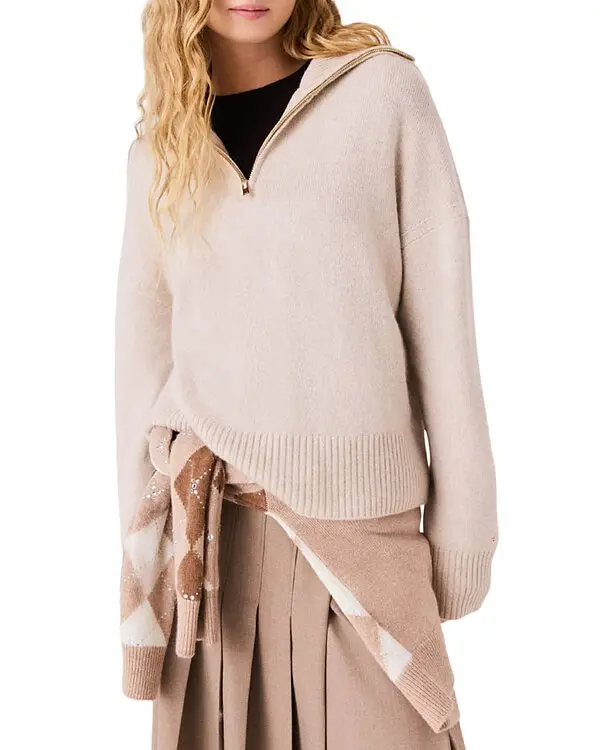 Maje Cashmere Blend Zip Neck Long Sleeve Sweater
