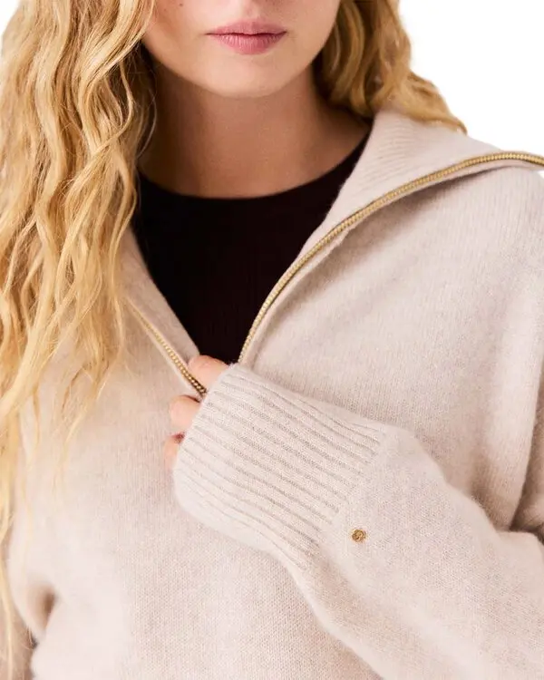 Maje Cashmere Blend Zip Neck Long Sleeve Sweater