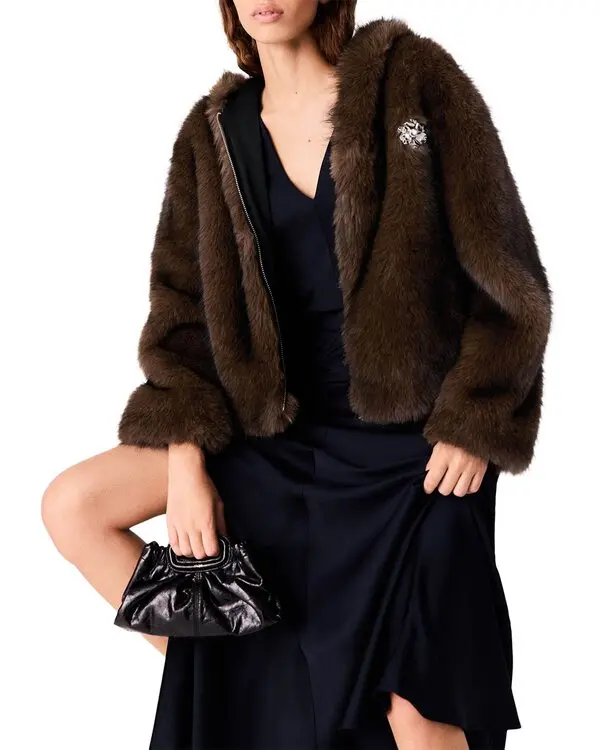 Maje Oversized Faux Fur Jacket - Brown
