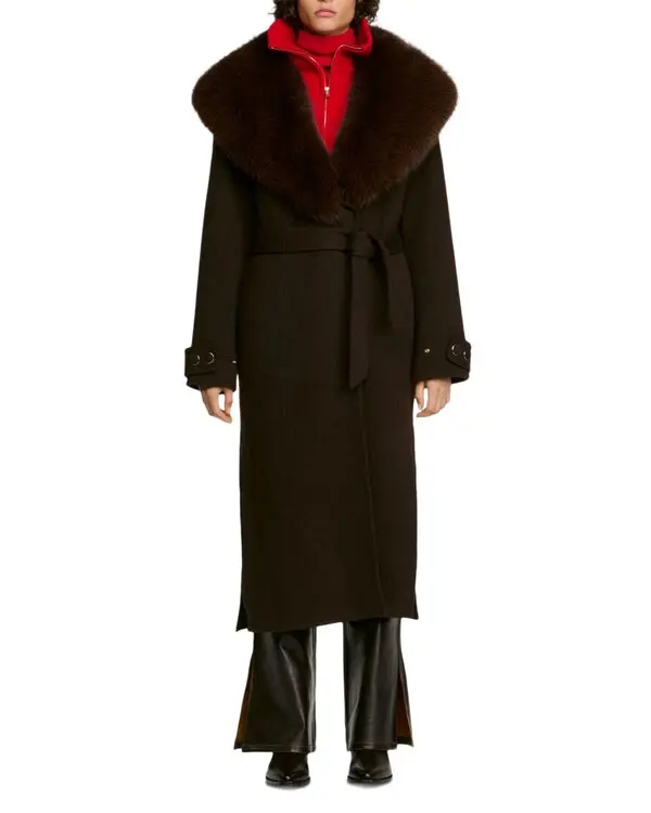 Sandro Gustave Faux Shearling Collar Robe Coat