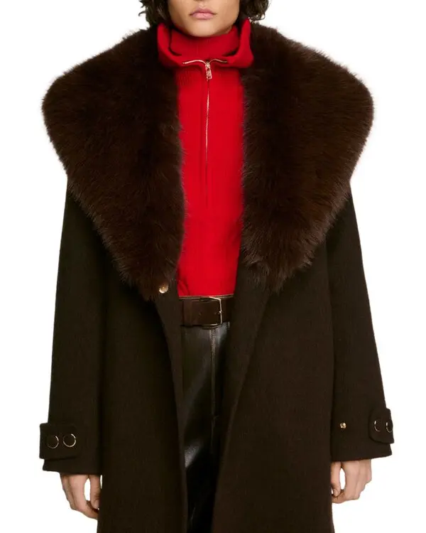 Sandro Gustave Faux Shearling Collar Robe Coat