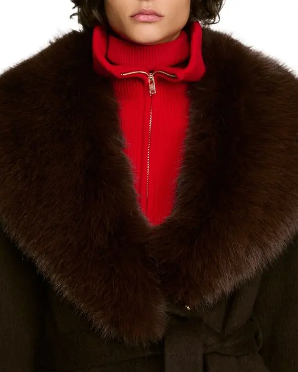 Sandro Gustave Faux Shearling Collar Robe Coat