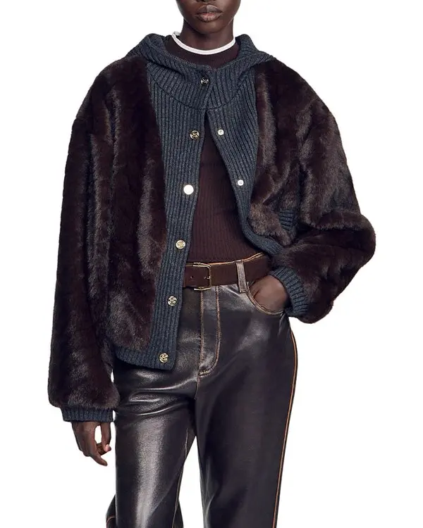Sandro Theodore Faux Fur Ribbed Trim Jacket