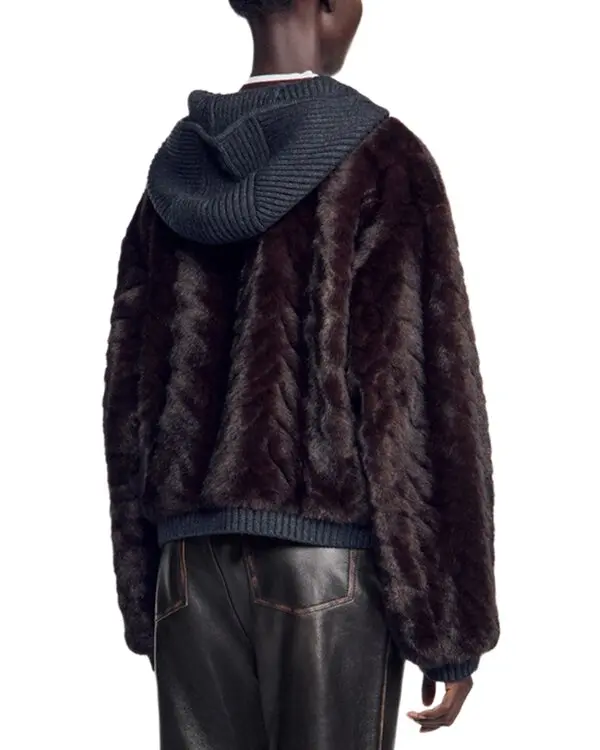 Sandro Theodore Faux Fur Ribbed Trim Jacket