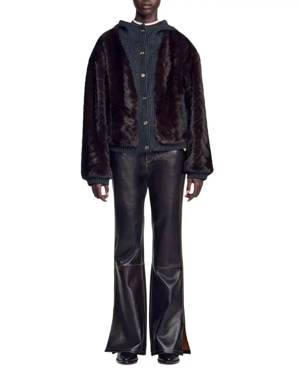 Sandro Theodore Faux Fur Ribbed Trim Jacket